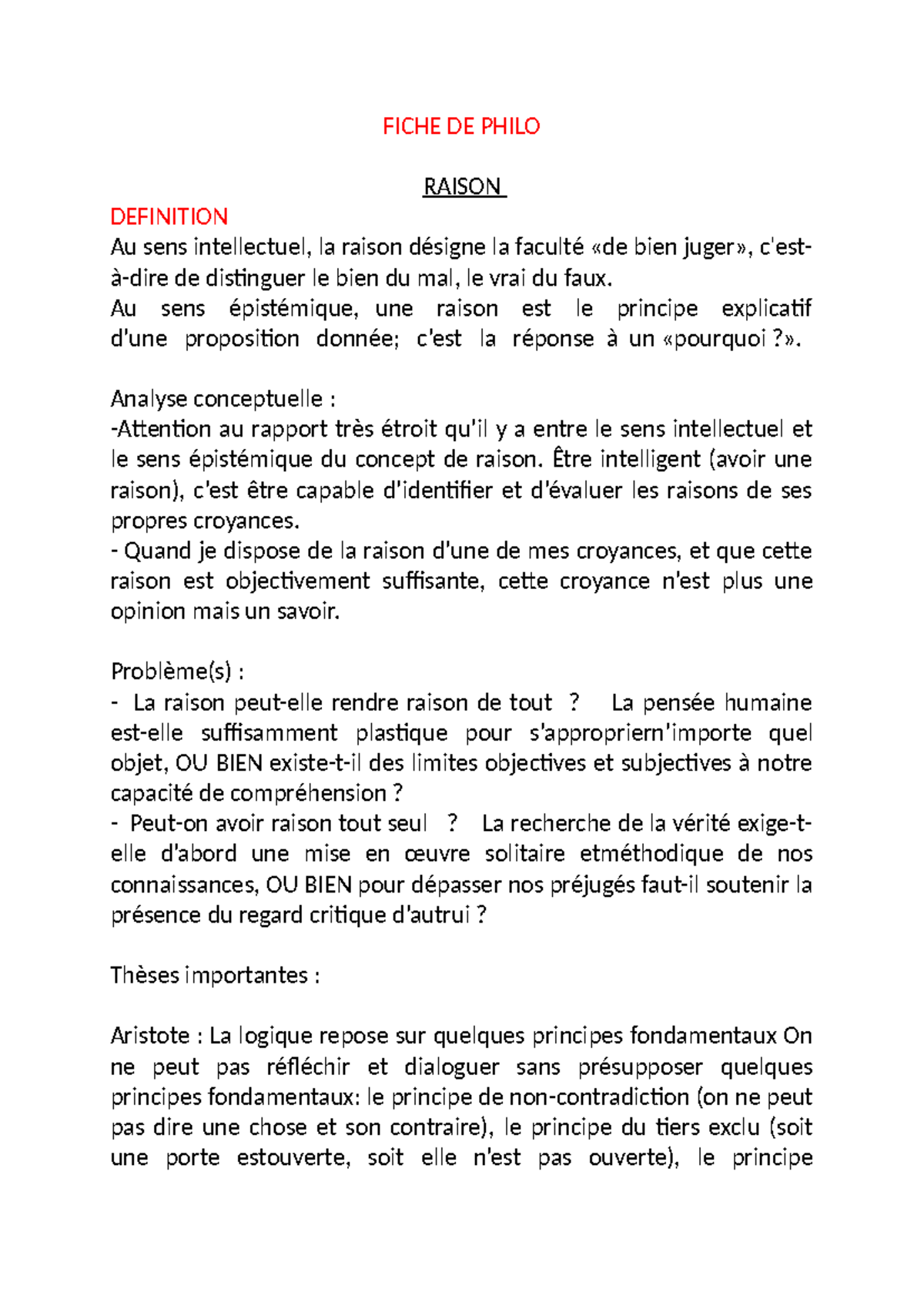 Fiche DE Philo - FICHE DE PHILO RAISON DEFINITION Au sens intellectuel ...