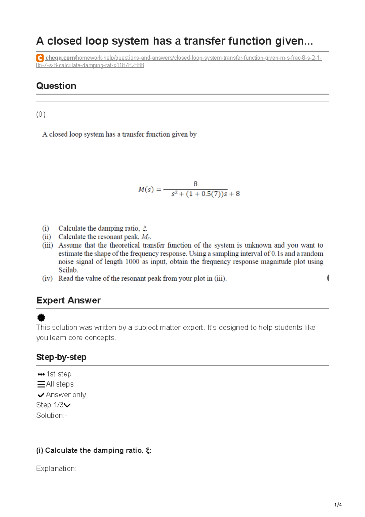 Chegg.com-A closed loop system has a transfer function given - .. - Studocu