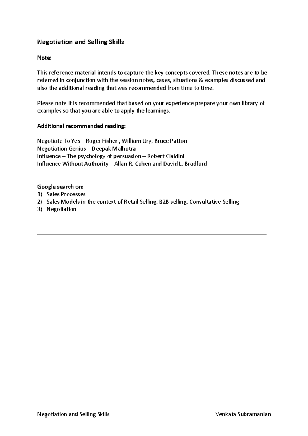 Negotiation and Selling Skills Handouts - Negotiation and Selling ...