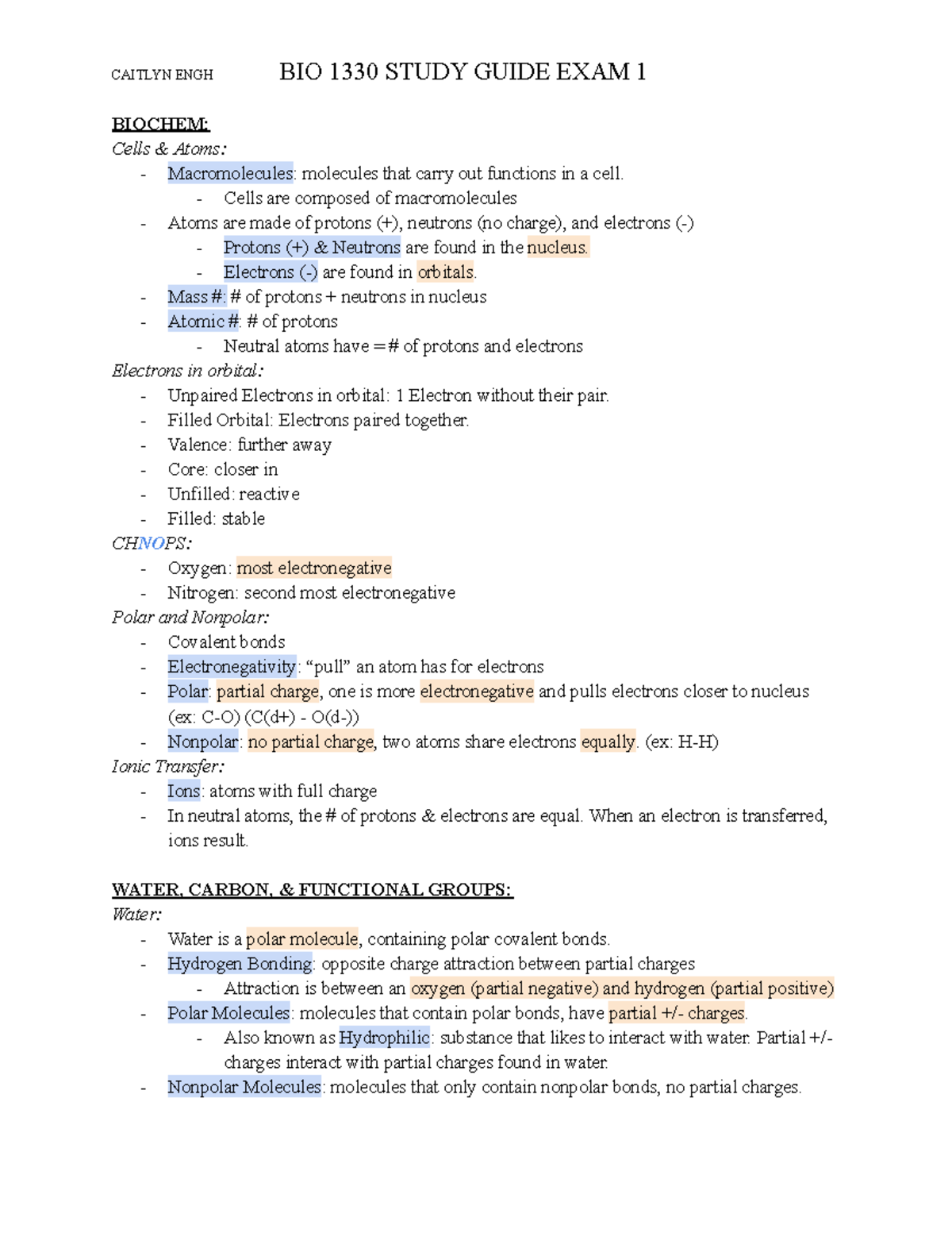BIO1330 Studyguide 1 - Study guide for Exam 1 of BIO 1330 - CAITLYN ...