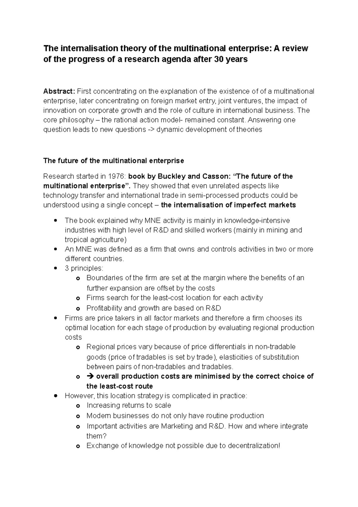 Week 1 Samenvattingen - The internalisation theory of the multinational ...