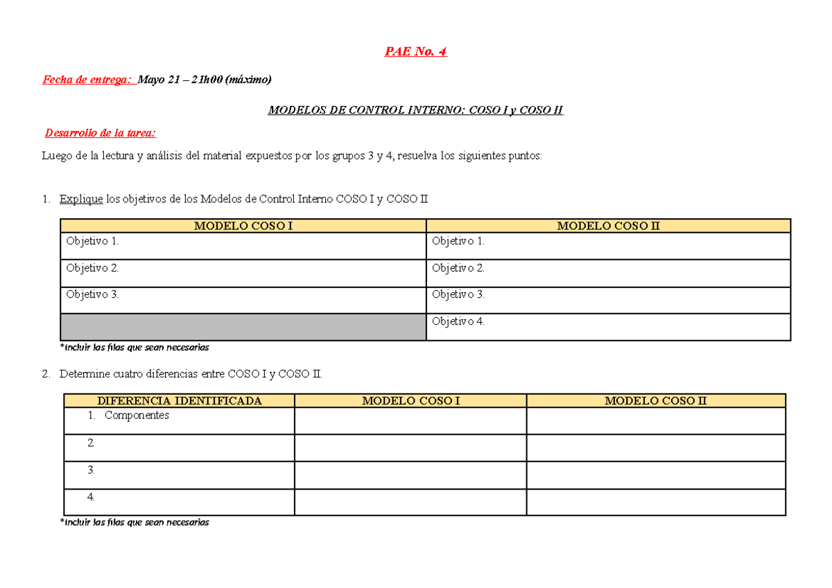 CA4-2 PAE-3 COSO I y 2 práctica - PAE No. 4 Fecha de entrega: Mayo 21 ...