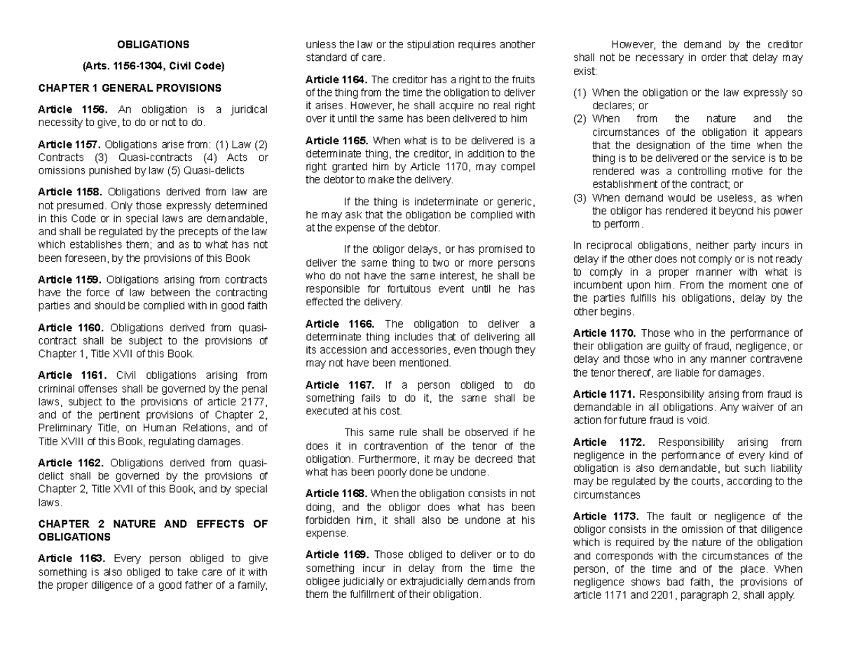 Articles - obli - OBLIGATIONS (Arts. 1156-1304, Civil Code) CHAPTER 1 ...