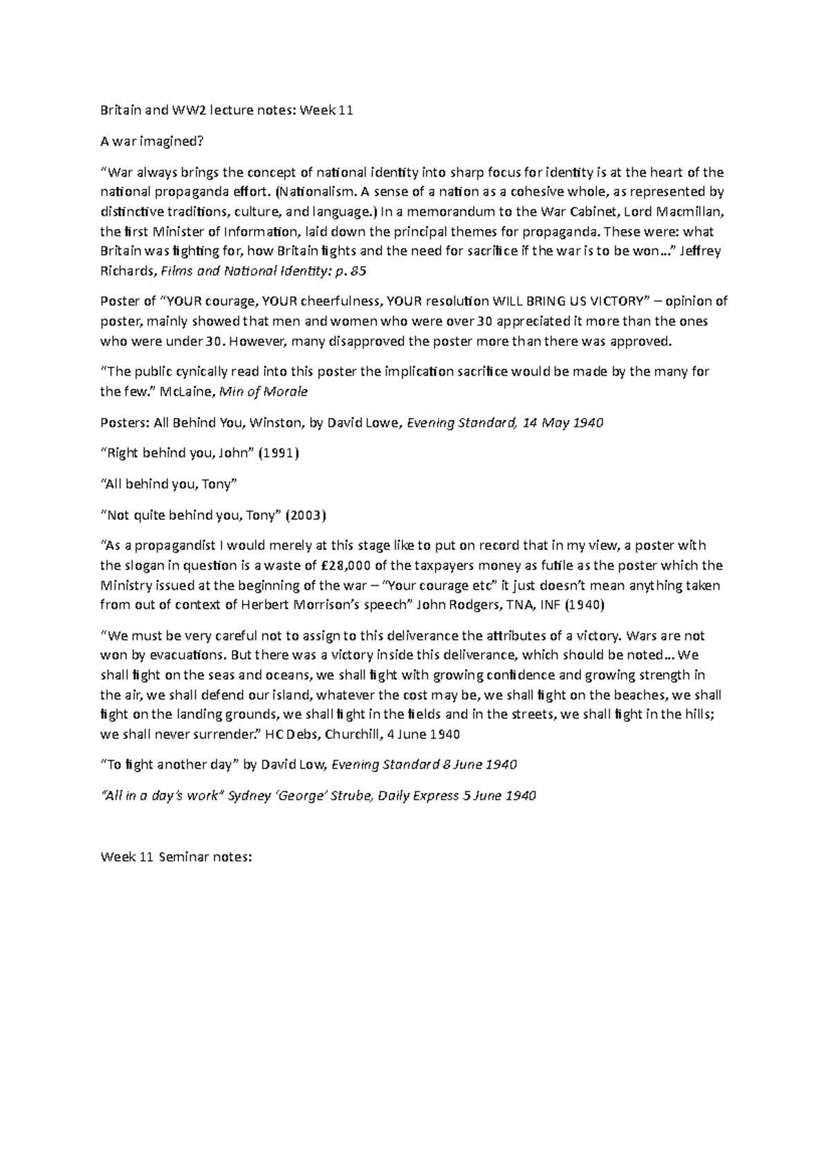 Britain and WW2 lecture notes week 11 - (Nationalism. A sense of a ...