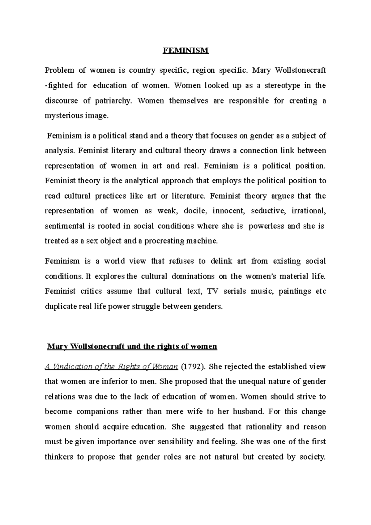 Feminism - FEMINISM Problem of women is country specific, region ...