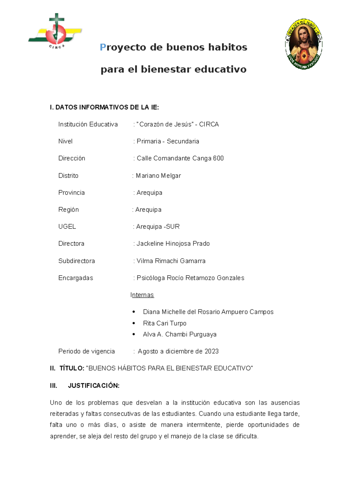 Proyecto de buenos habitos - DATOS INFORMATIVOS DE LA IE: Institución ...