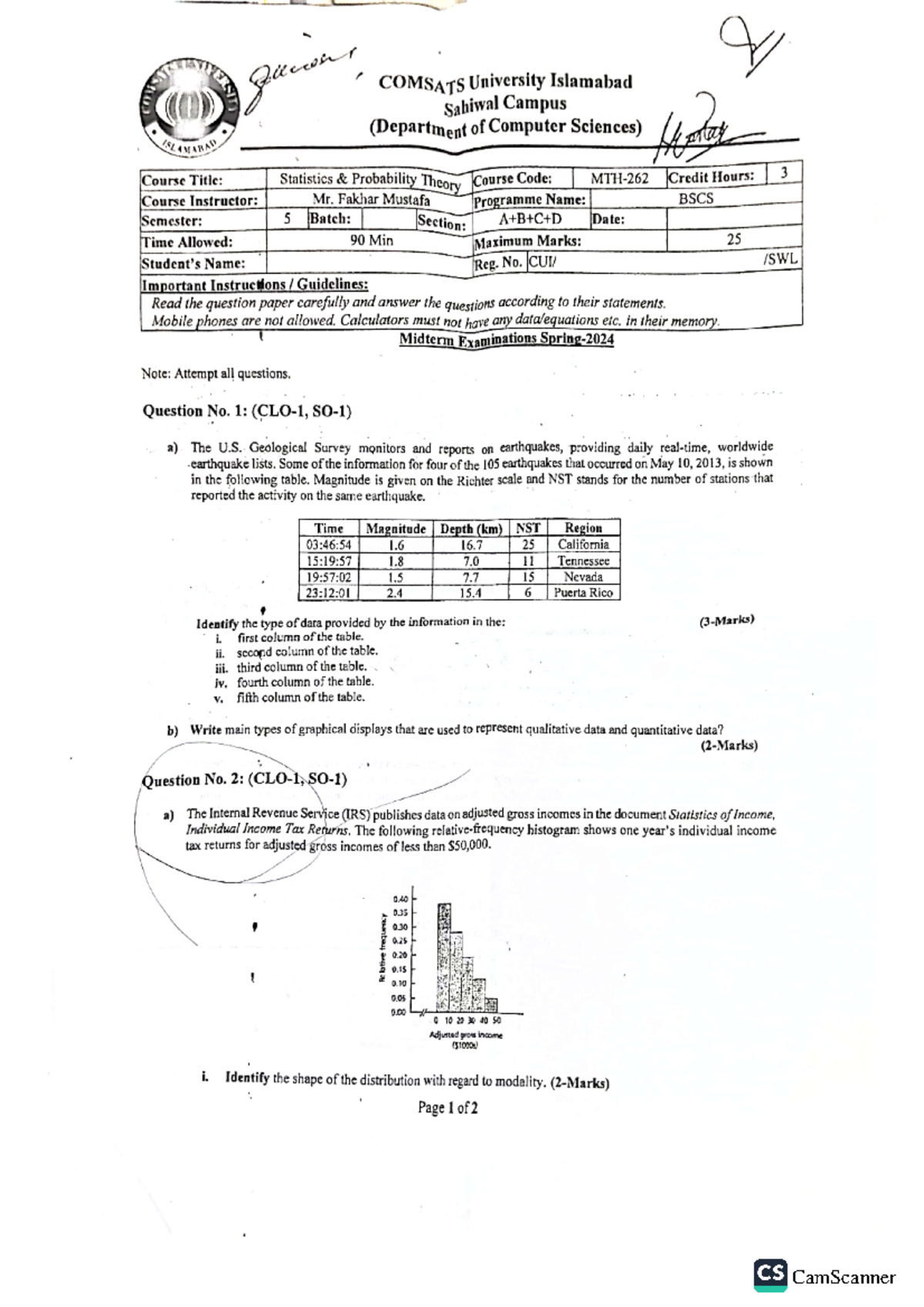 Stats mid paper - Statistics And Probability Theory - CamScanner - Studocu