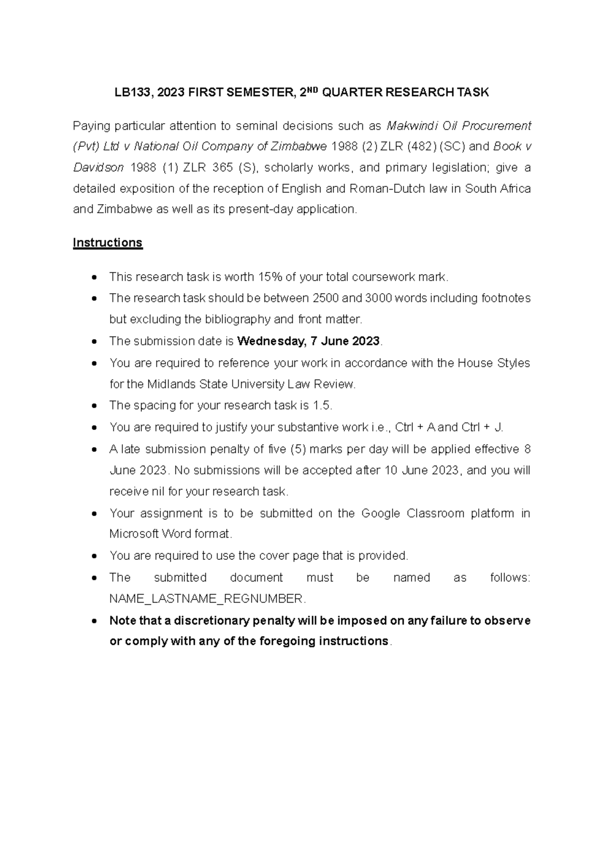 LB133 Research Task 2023question - LB133, 2023 FIRST SEMESTER, 2ND ...