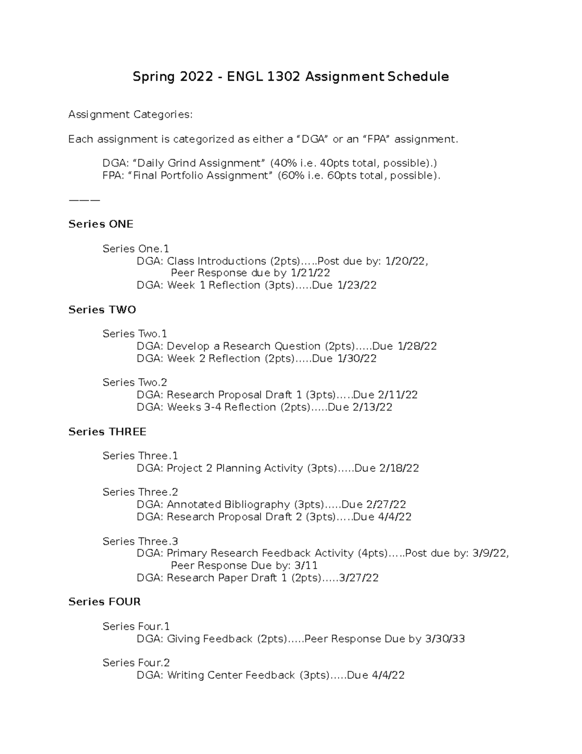 Assignment Schedule - Spring 2022 - ENGL 1302 Assignment Schedule ...