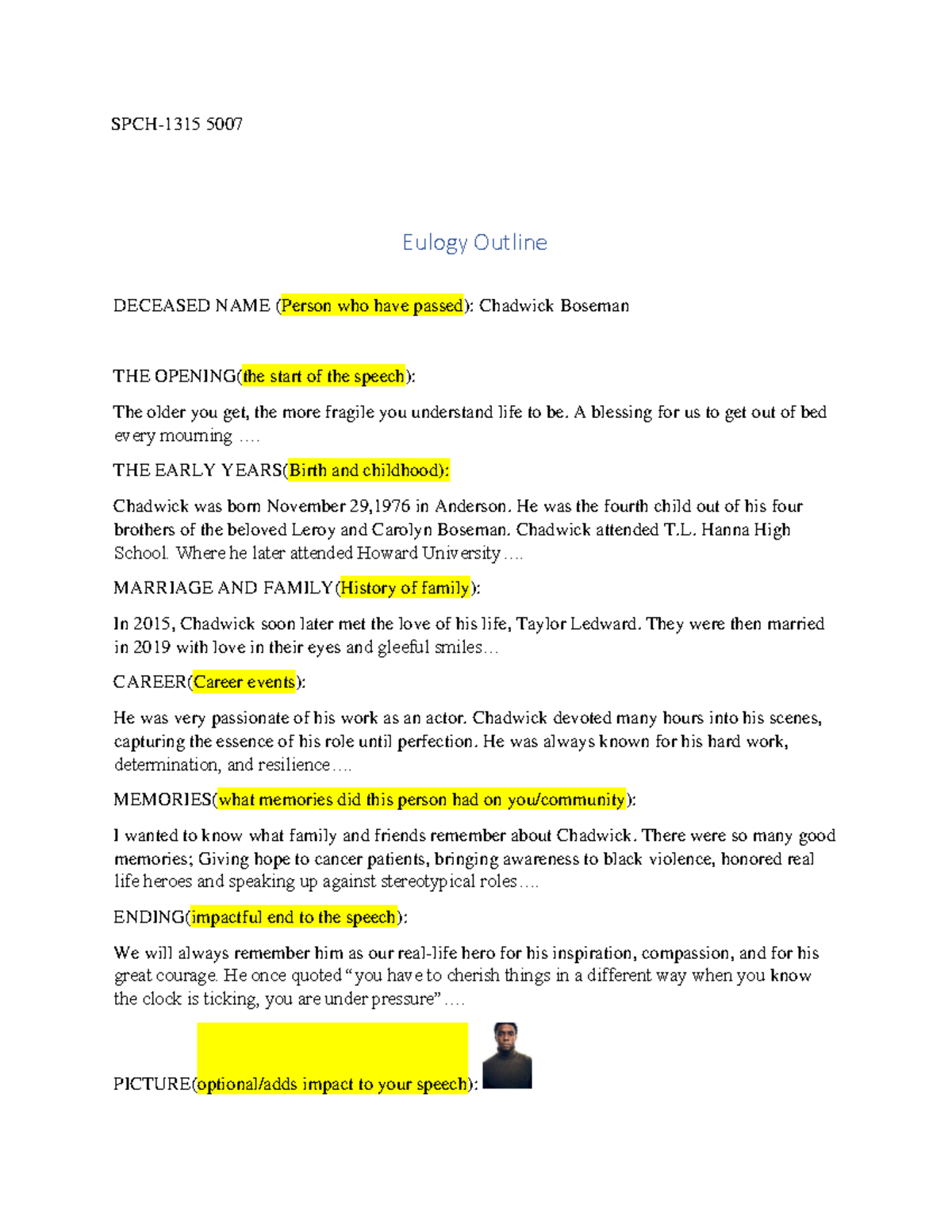 Eulogy Outline Example - SPCH-1315 5007 Eulogy Outline DECEASED NAME ...