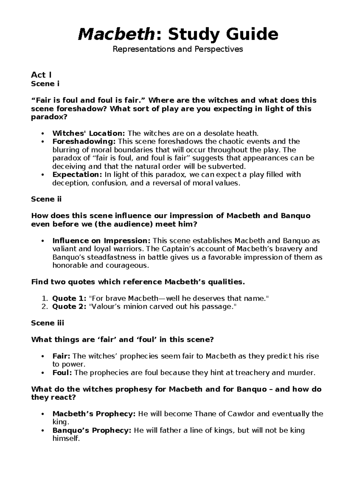 Macbeth Study Guide Final - Macbeth: Study Guide Representations and ...