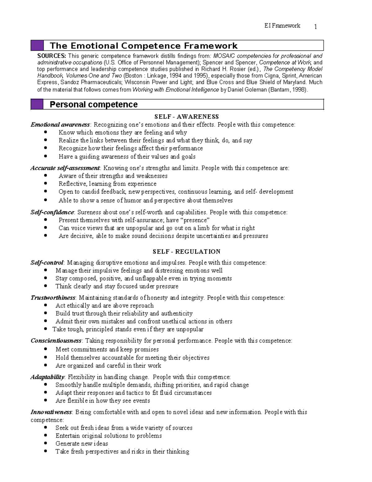 EQ competencies - EI Framework 1 The Emotional Competence Framework ...