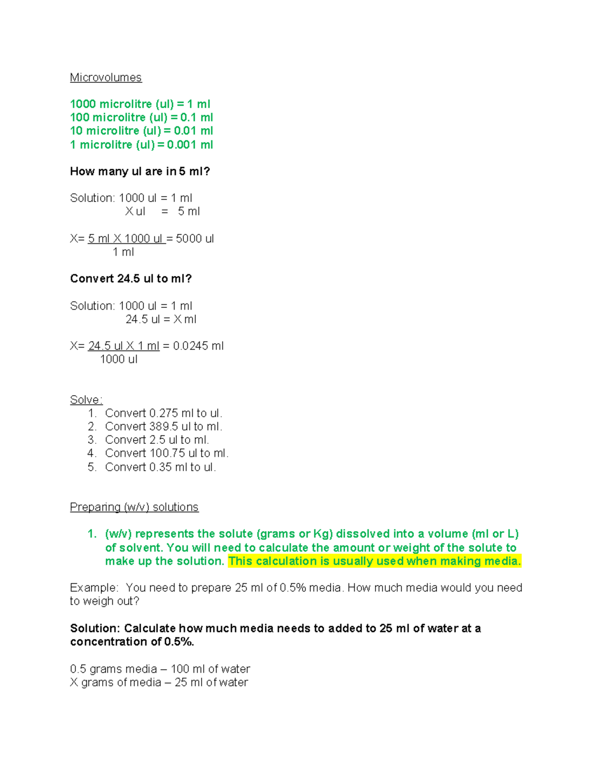 Microvolume and buffer prep calculations 1 - Microvolumes 1000 microlitre (ul) = 1 ml 100 ...