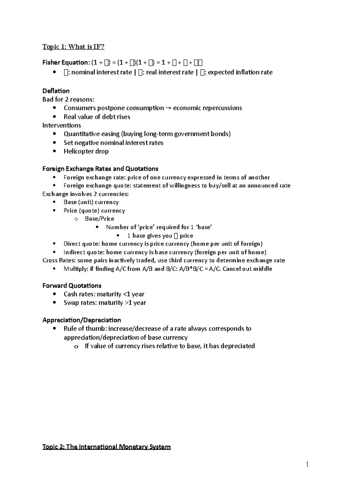 BFC3240 Exam Notes - Topic 1: What is IF? Fisher Equation: (1 + 𝐀) = (1 ...