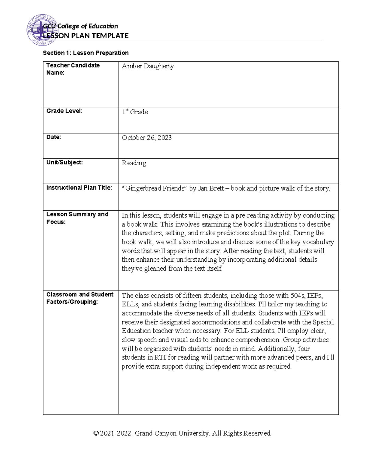 Book Walk Lesson Plan - LESSON PLAN TEMPLATE Section 1: Lesson ...