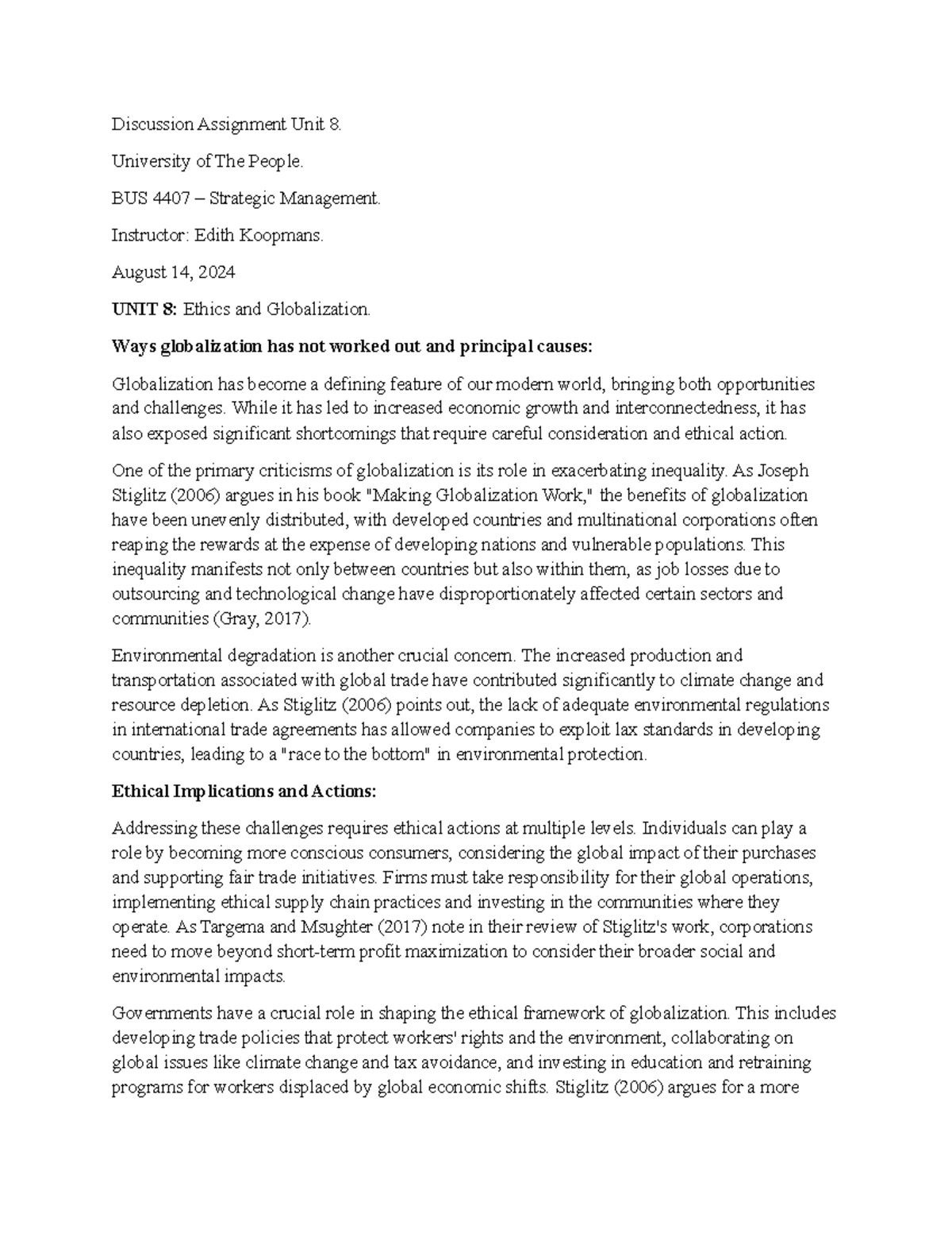 Discussion Assignment Unit 8 - University of The People. BUS 4407 ...