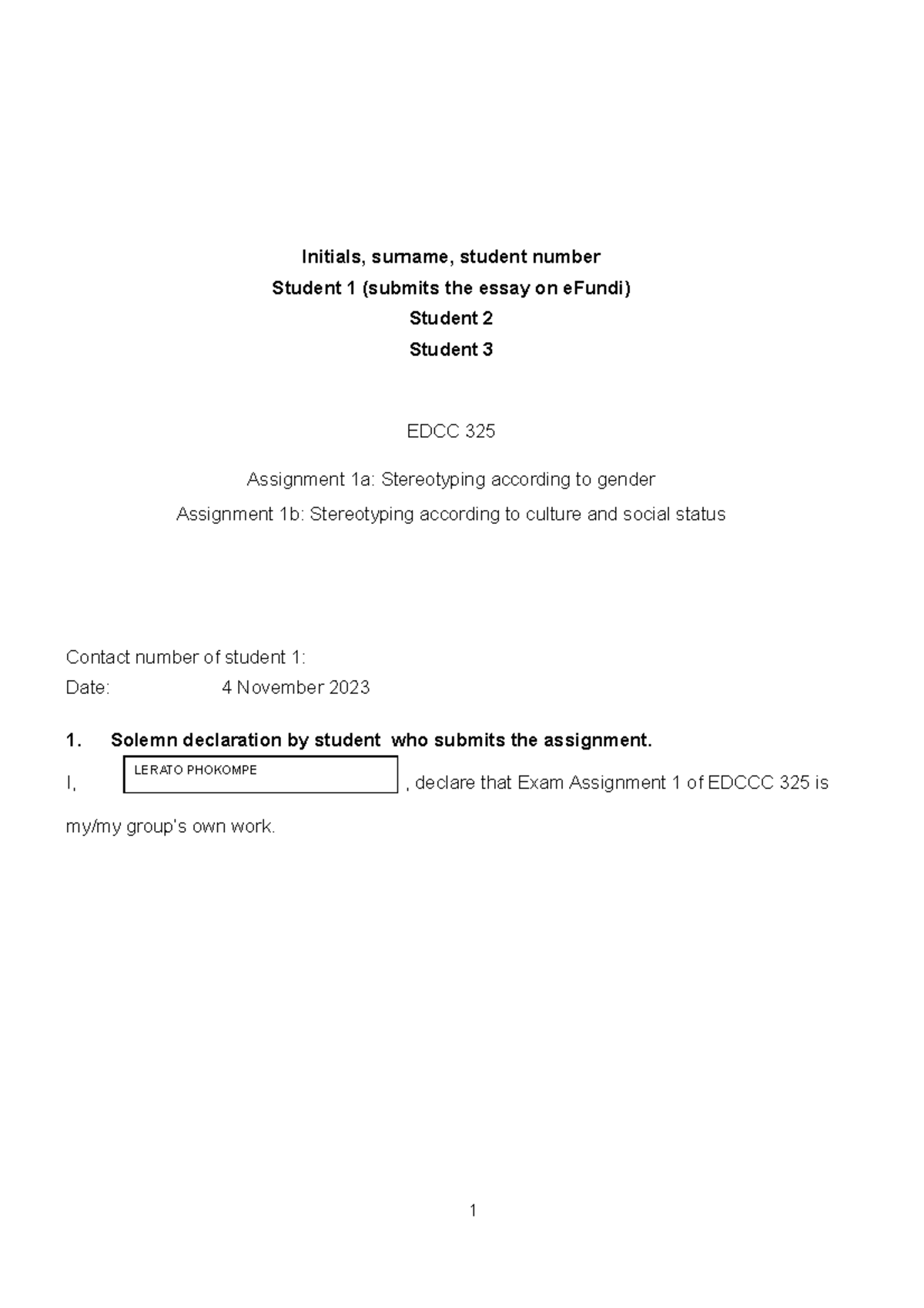 Template EXAM Essay 1 (Auto Recovered) - Initials, surname, student ...