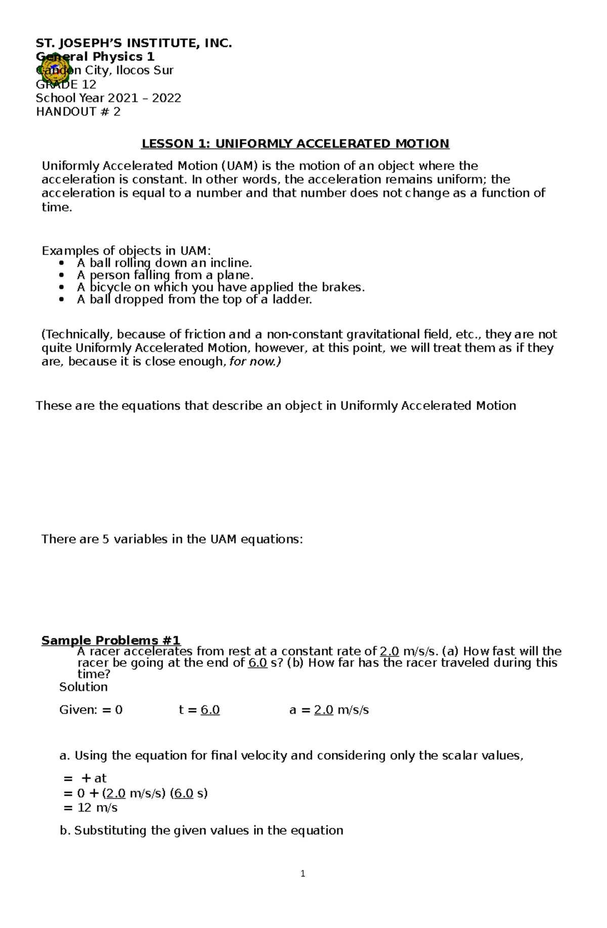 General Physics 1 – Handout 2 - General Physics 1 Candon City, Ilocos ...