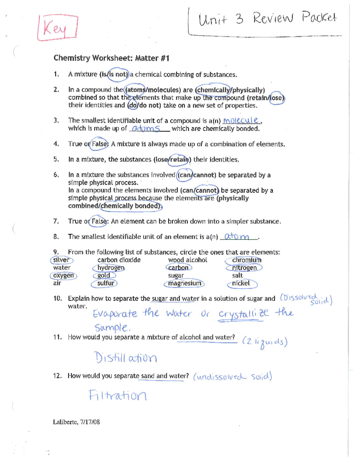 KEY - X Unit 3 Review Packet - Unit 3 Review Packet Key Chemistry Worksheet: Matter 1. A mixture ...