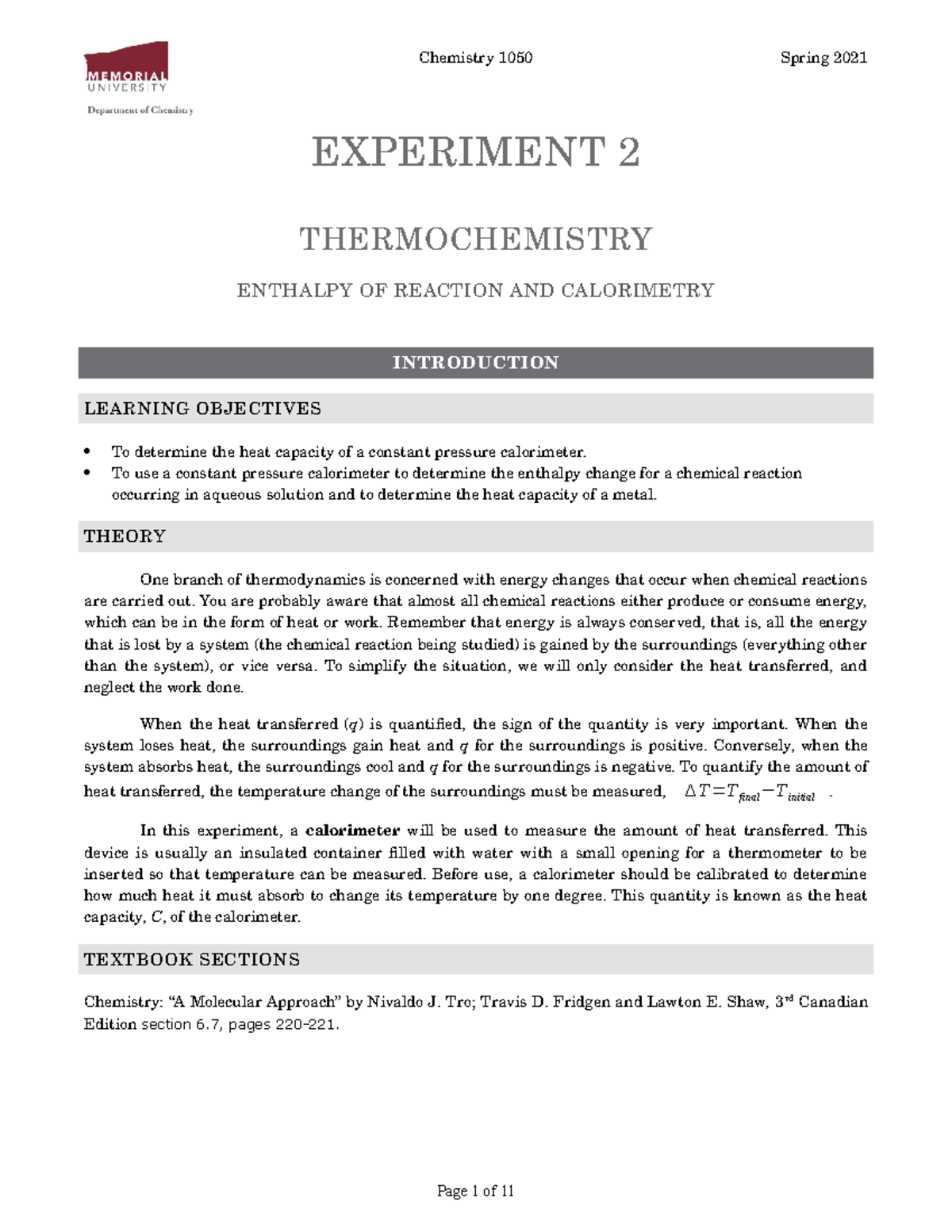 1050 Experiment 2 Thermochemistry Outline S2021 - Chemistry 1050 Spring ...