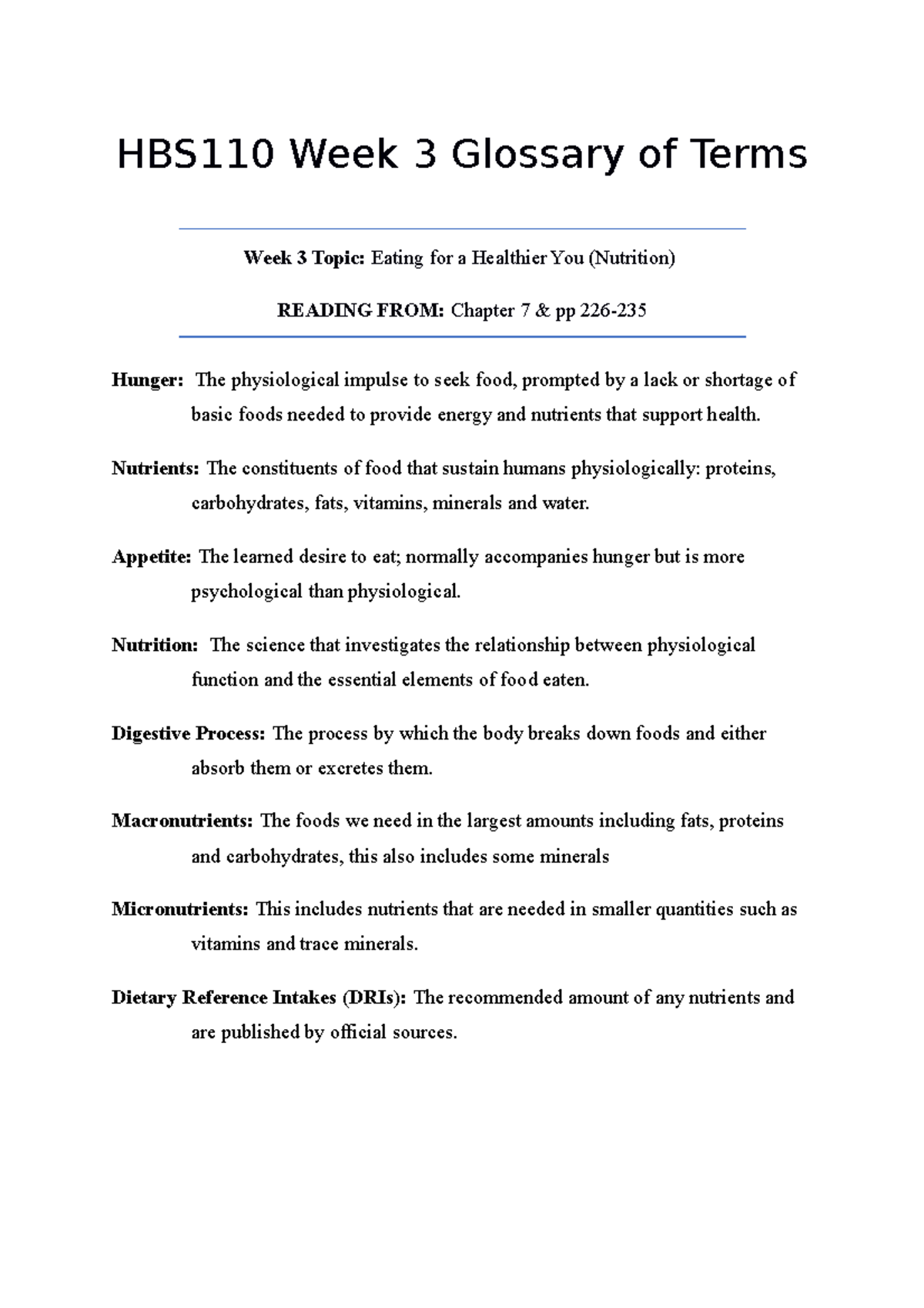 HBS110 Week 3 Glossary- Nutrition - HBS110 Week 3 Glossary of Terms ...