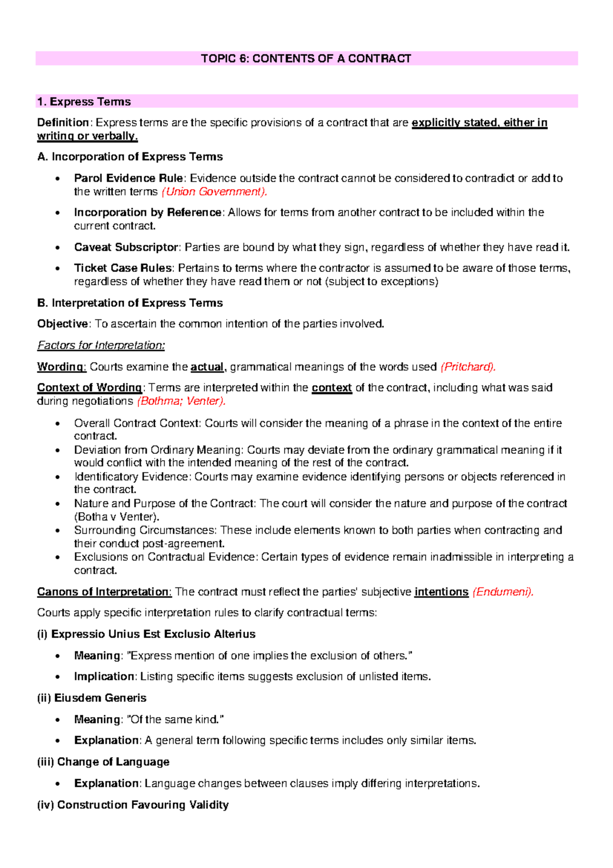 Contract MEGA Summary - TOPIC 6: CONTENTS OF A CONTRACT Express Terms ...
