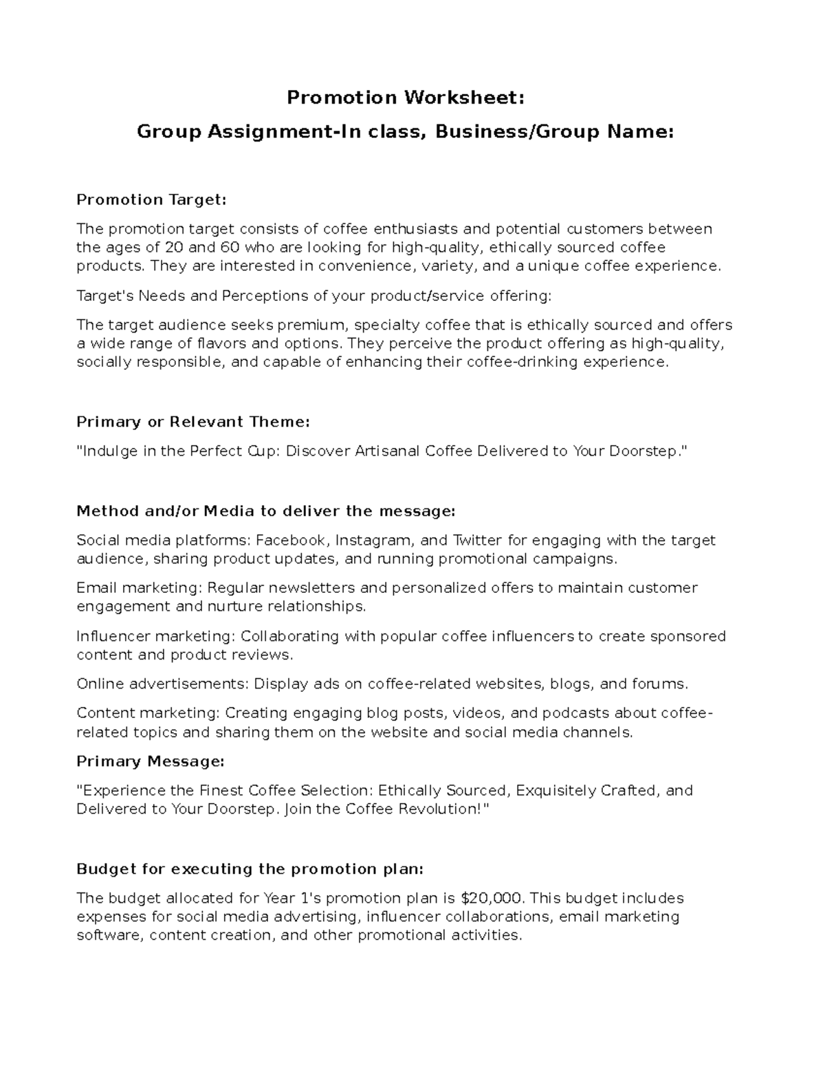 Promotion Worksheet - Lecture Notes - BUS 1041 - George Brown College ...