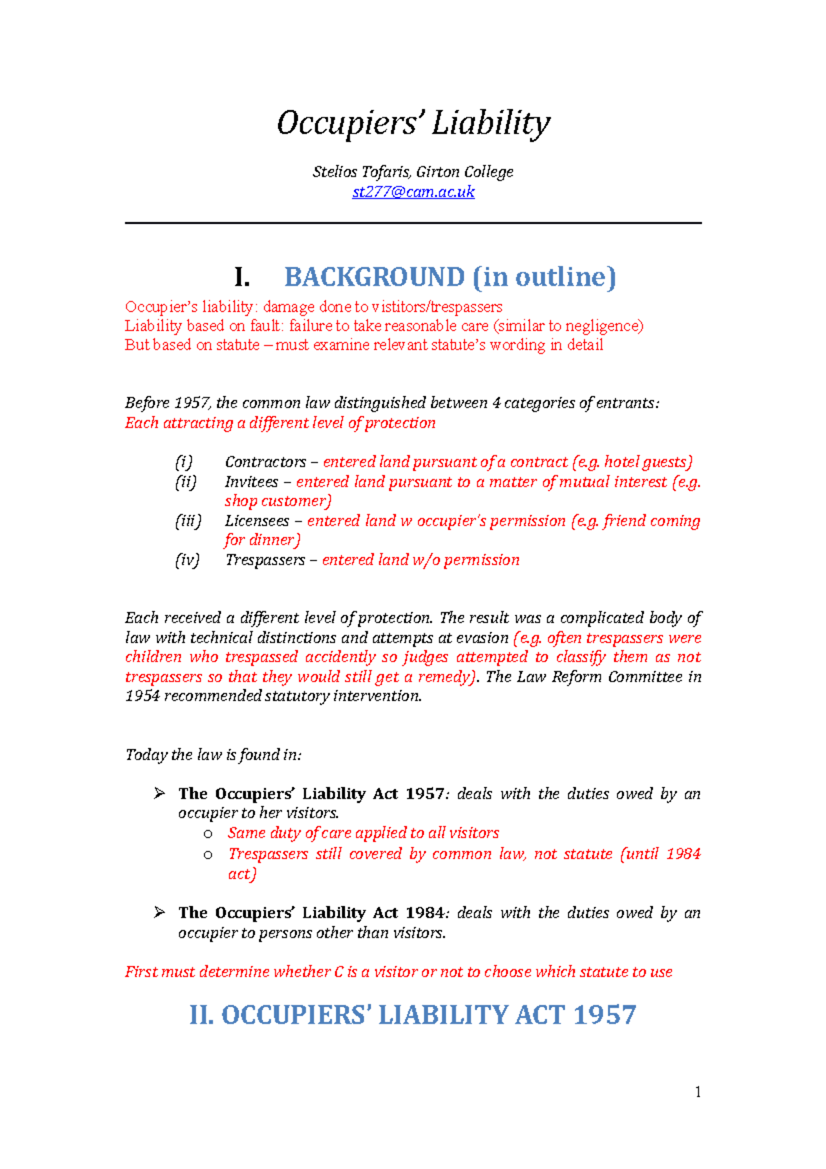 Occupiers Liability Handout (Tofaris) - Occupiers’ Liability Stelios ...