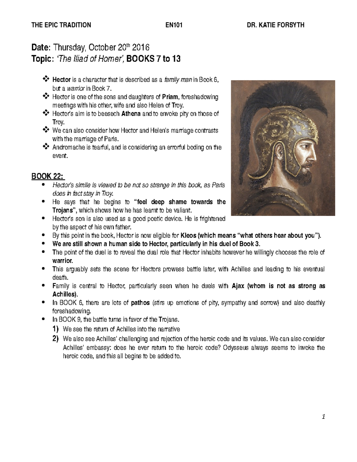 The Iliad Books 7-13 - THE EPIC TRADITION EN101 DR. KATIE FORSYTH Date ...