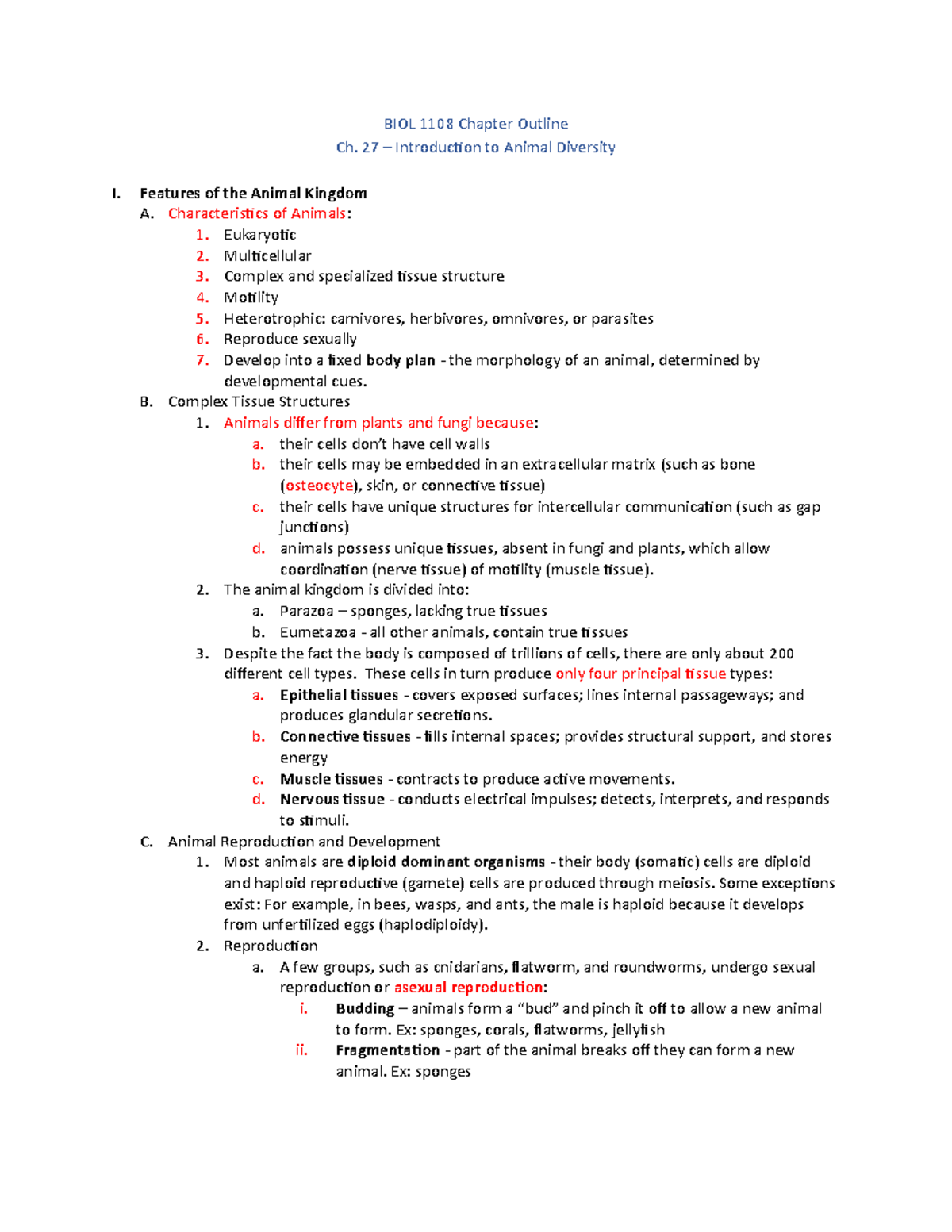 Ch. 27 - Intro to Animal Diversity Notes - BIOL 1108 Chapter Outline Ch ...