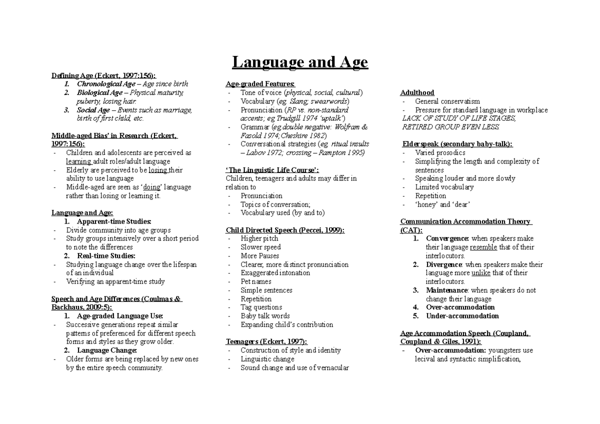 Language and Age Notes - Language and Age Defining Age (Eckert, 1997: ...