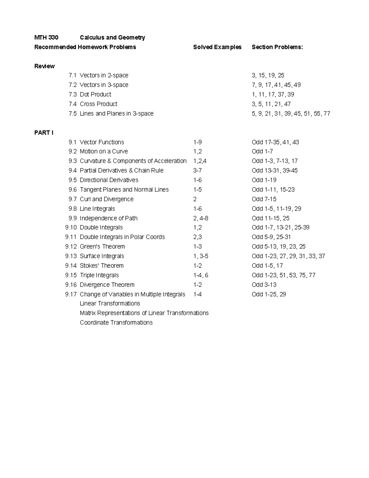 MTH330F20 Rec Homework - MTH 330 Calculus and Geometry Recommended ...