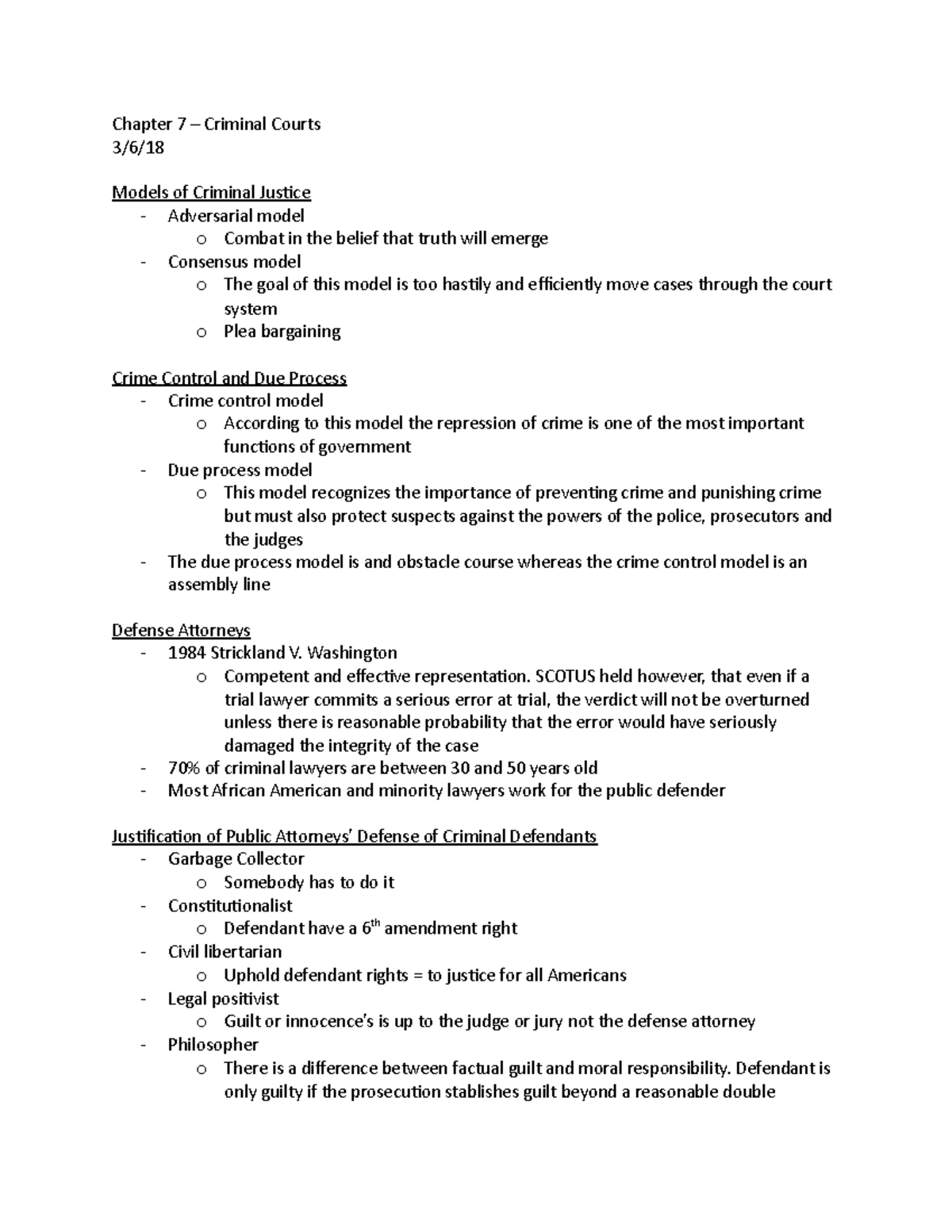 Chapter 7 - Chapter 7 – Criminal Courts 3/6/ Models of Criminal Justice ...
