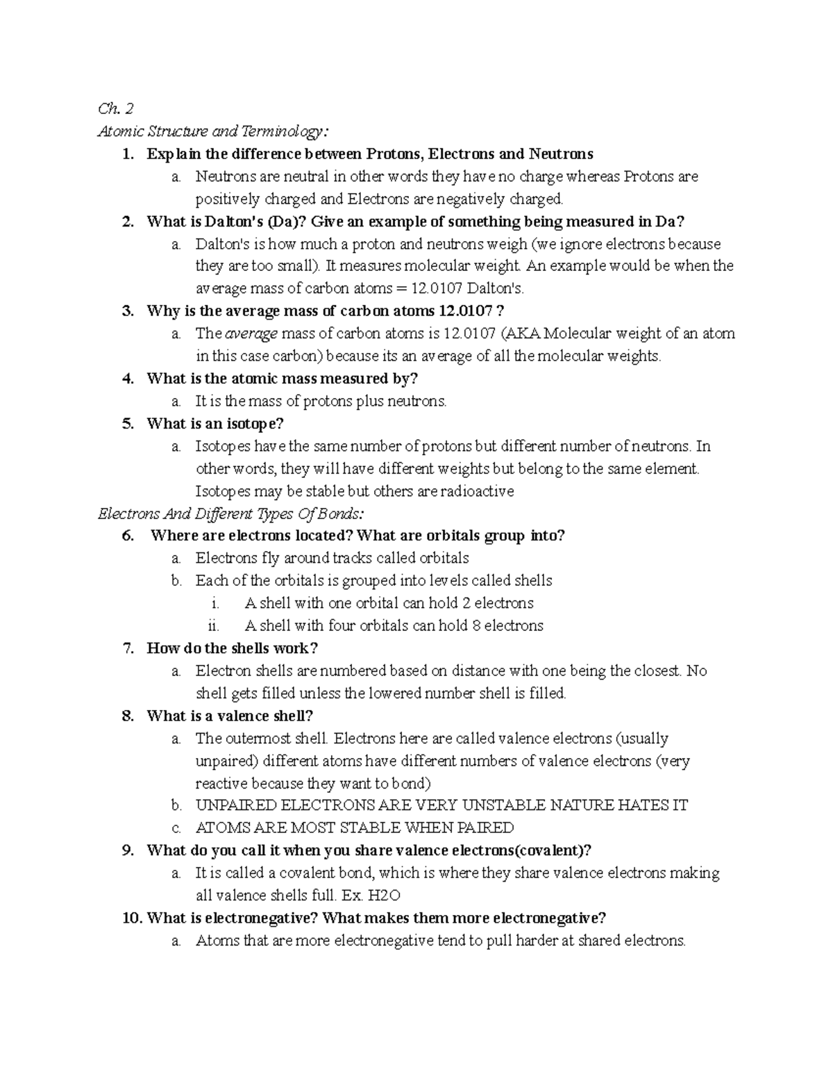 BIO 211 Study Guide 1 - CHECKED WITH AN A CHECKED WITH AN A - Ch. 2 ...
