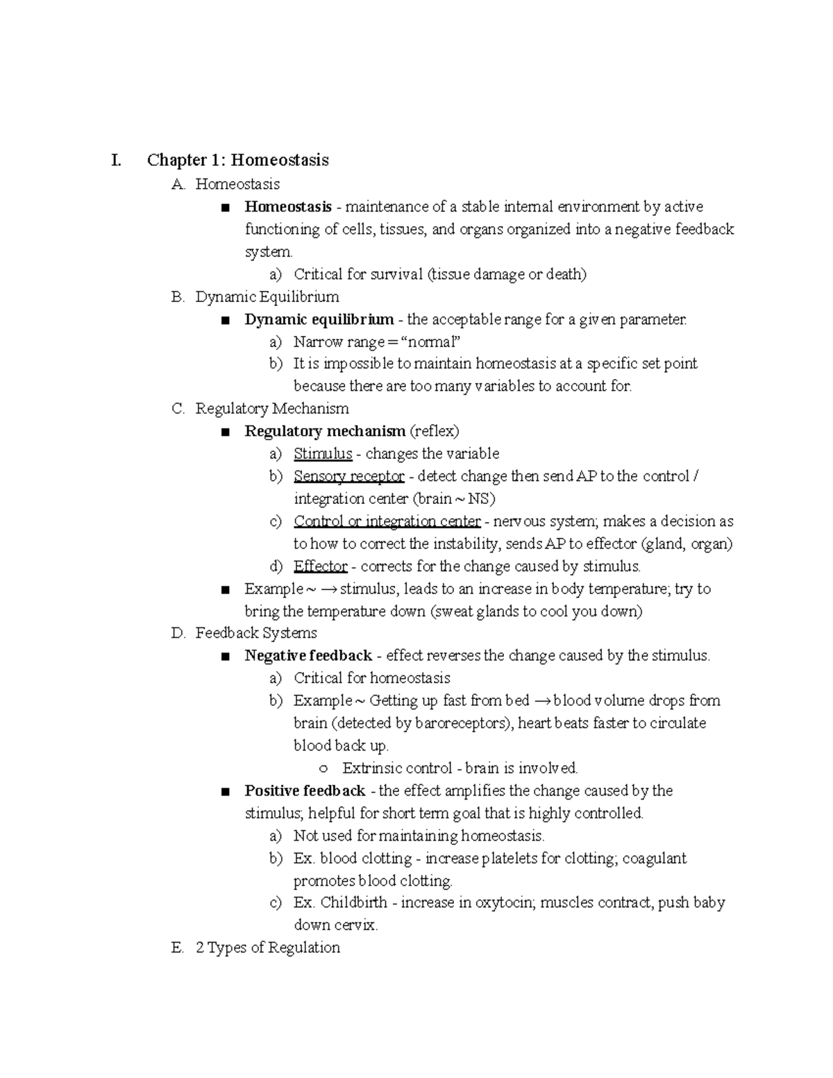 Anatomy and Physiology: Exam 1 - I. Chapter 1: Homeostasis A ...