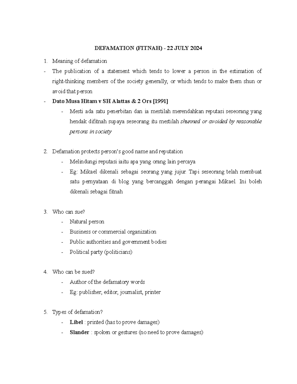 LECTURE NOTES ON DEFAMATION TORTS II - DEFAMATION (FITNAH) - 22 JULY ...