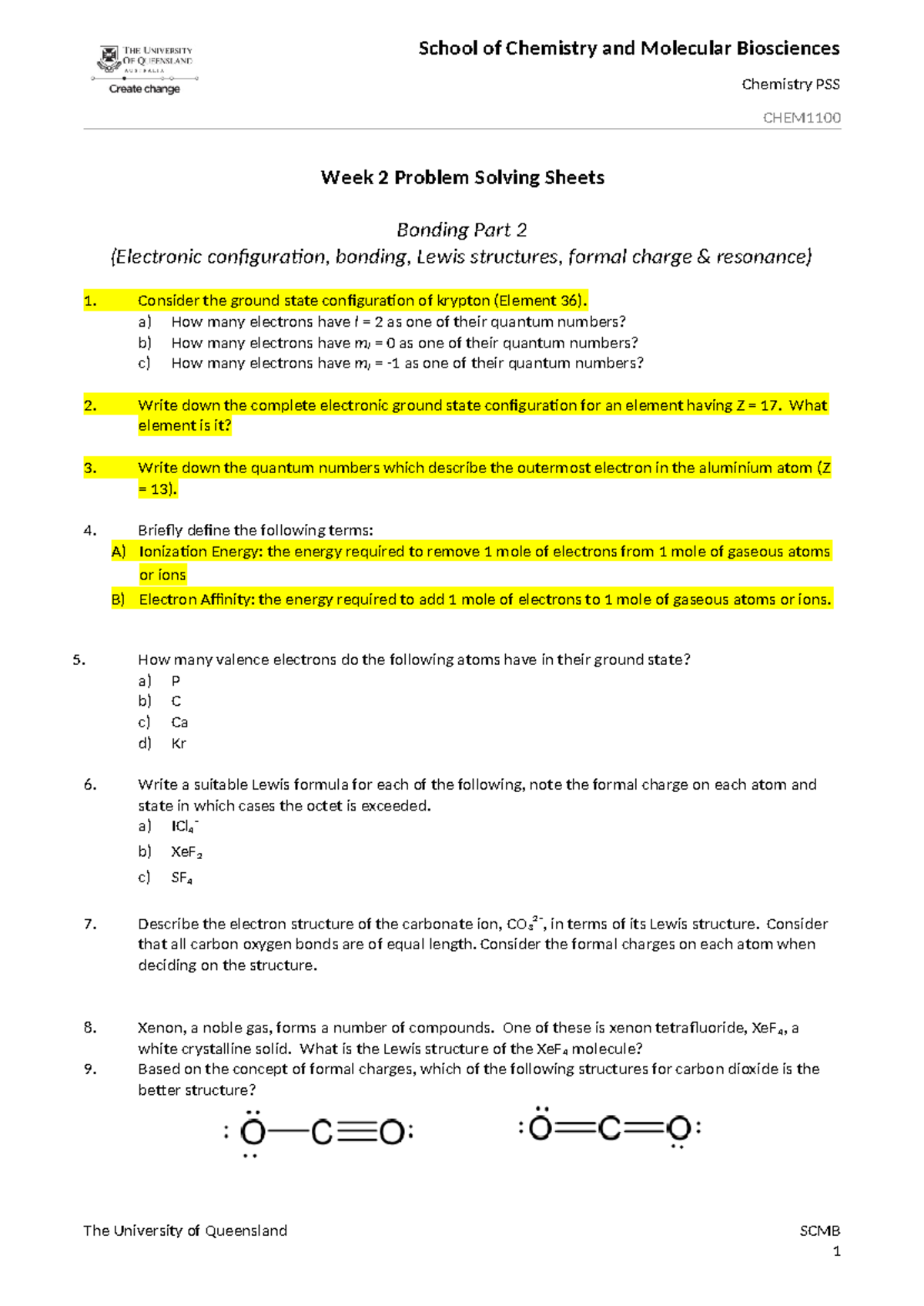 CHEM1100 - Week 2 Worksheet - School of Chemistry and Molecular ...