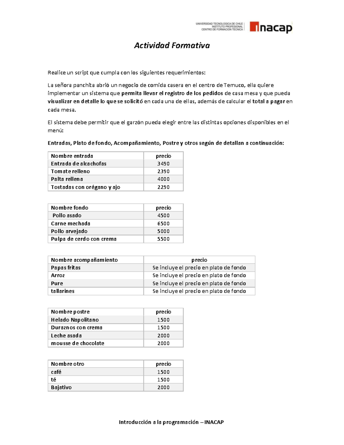 Actividad Formativa - Introducción a la programación – INACAP Actividad Formativa Realice un ...