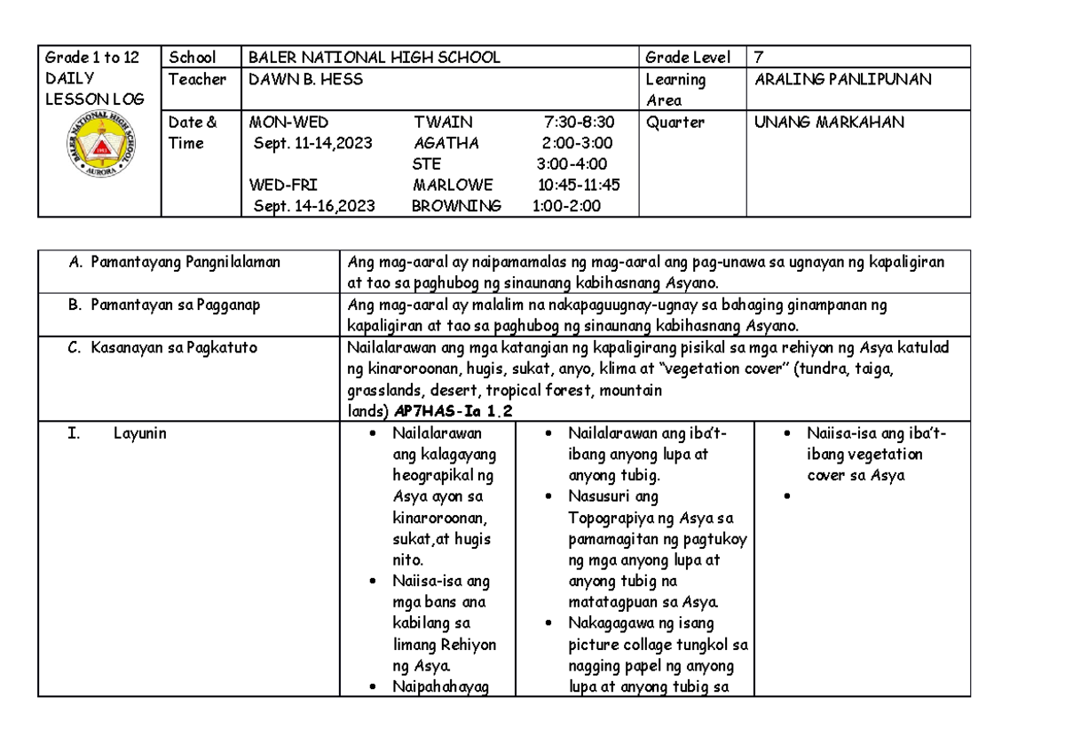 AP-DLL-Format DAWN - Daily Lesson Log - Grade 1 to 12 DAILY LESSON LOG ...