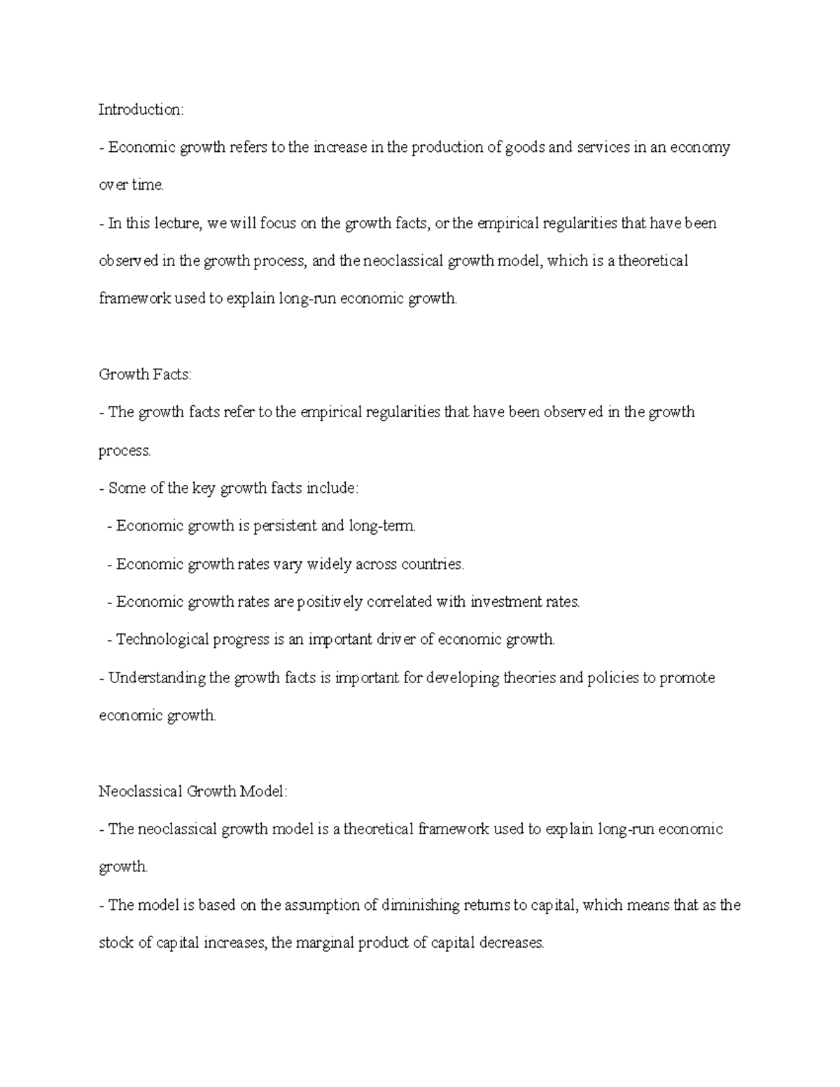 Growth Facts, Neoclassical Growth Model I Lecture Notes - Introduction ...