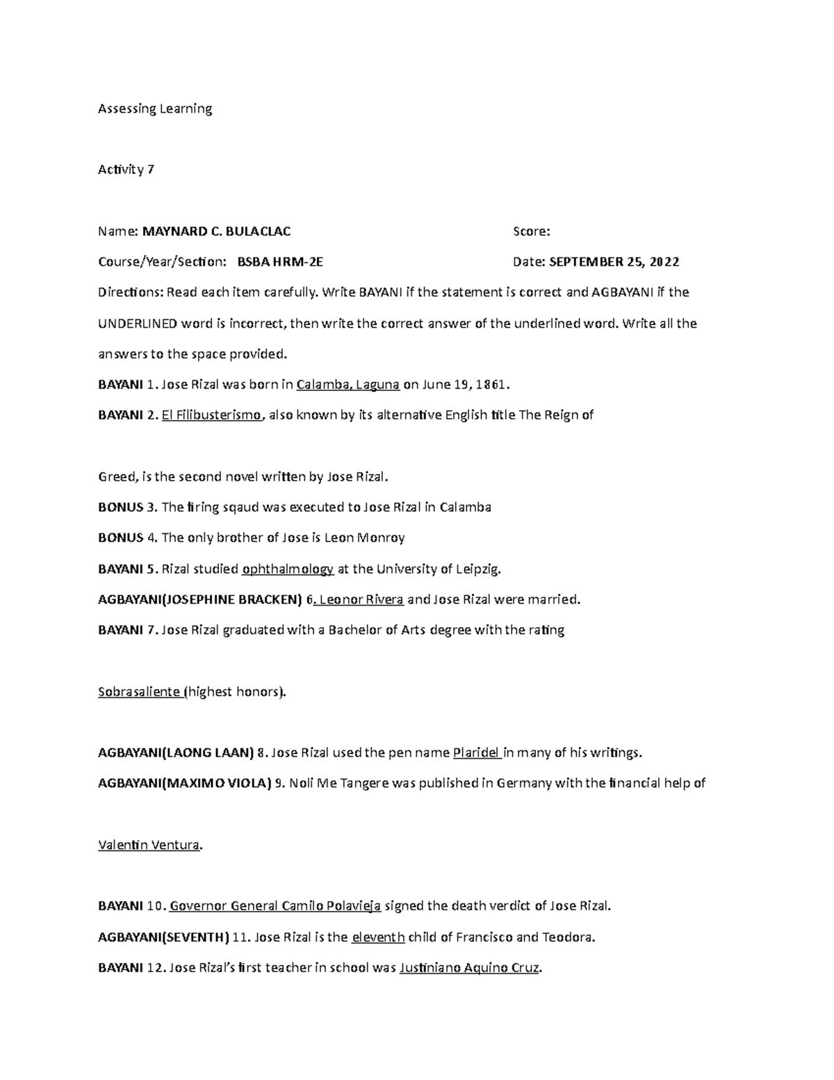 Assessing Learning UNIT 3activity - Assessing Learning Activity 7 Name ...