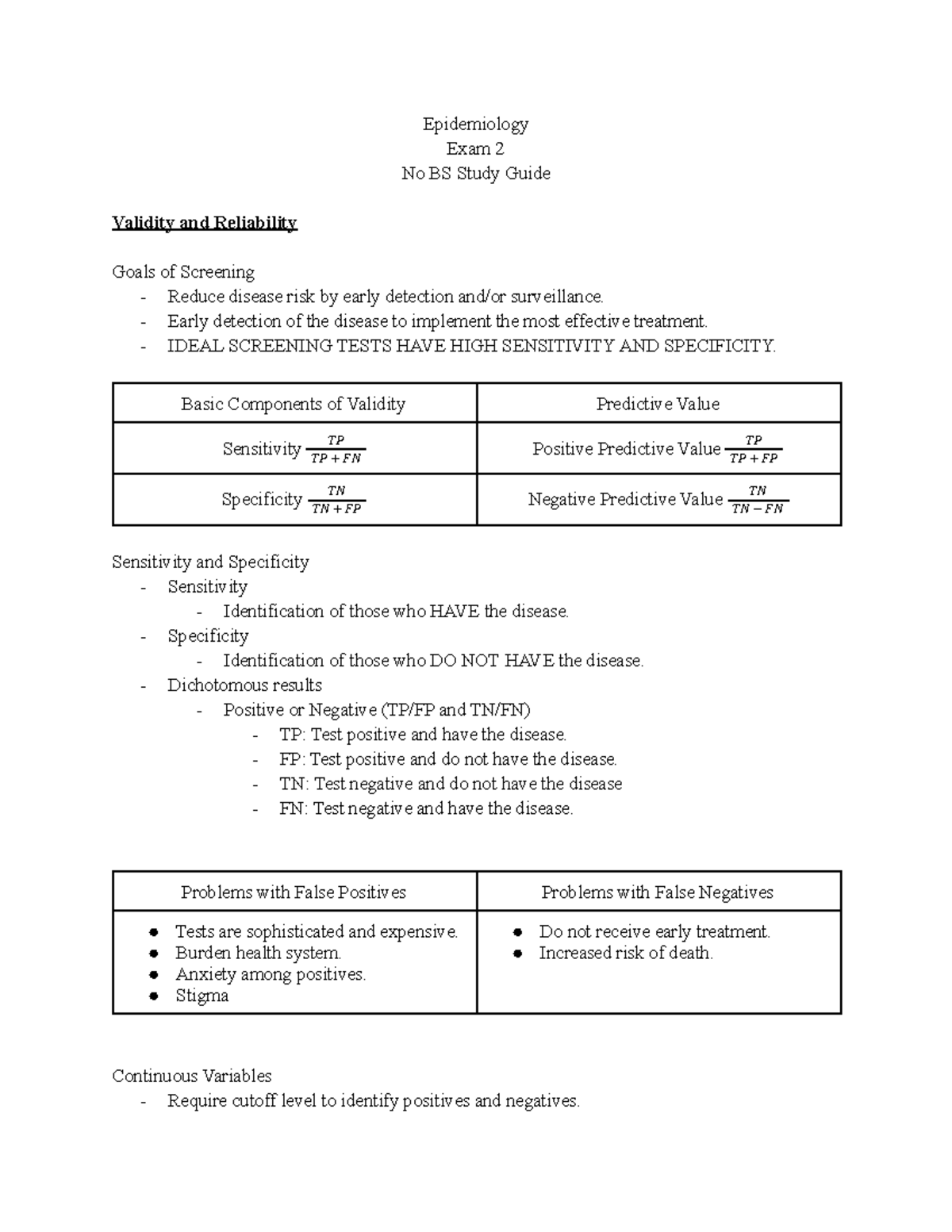Lecture 5 - Epidemiology Exam 2 No BS Study Guide Validity and Reliability Goals of Screening ...