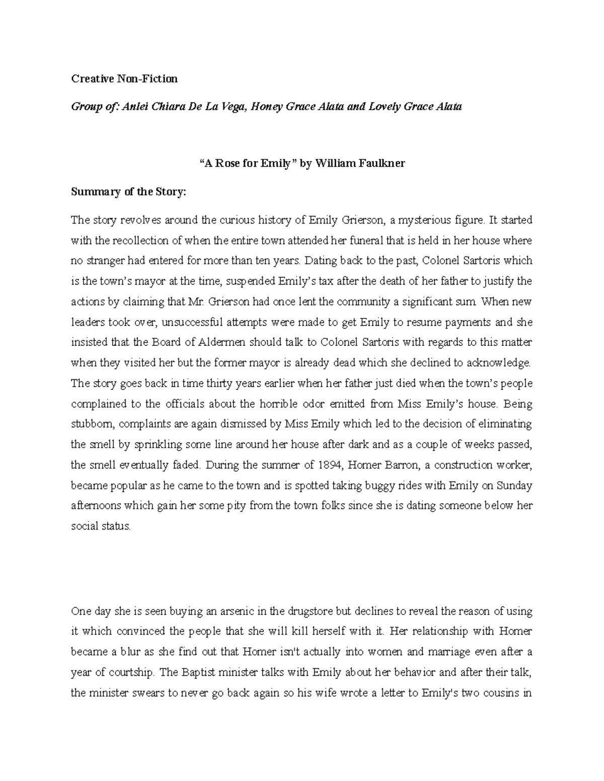 Creative Nonfic - Summary of the Story: The story revolves around the ...