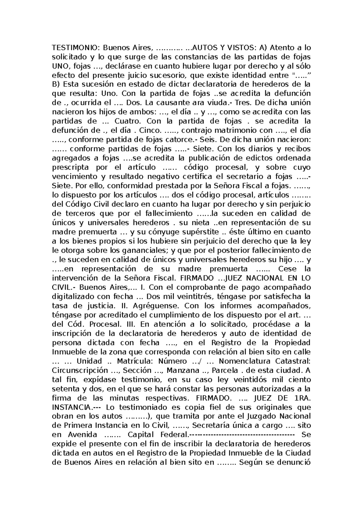 Testimonio - Resumen Derecho de Familia y Sucesiones - TESTIMONIO ...