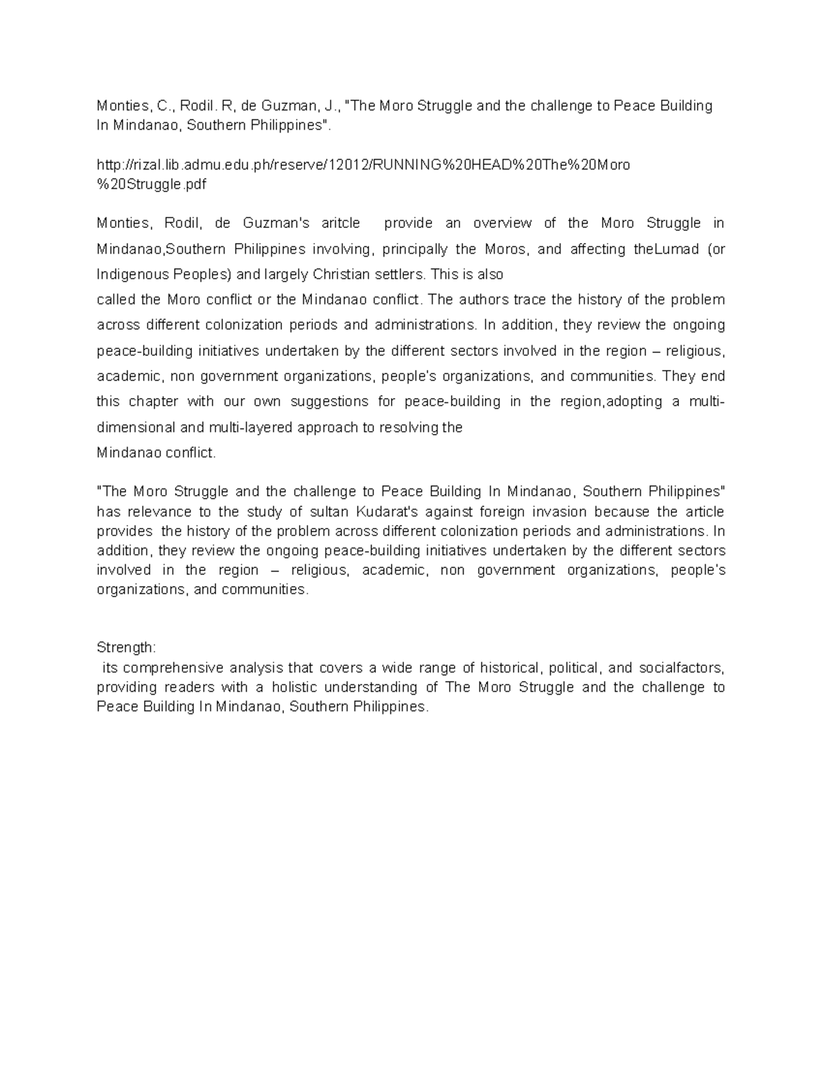 Annotated Bibliography - Monties, C., Rodil. R, de Guzman, J., "The ...