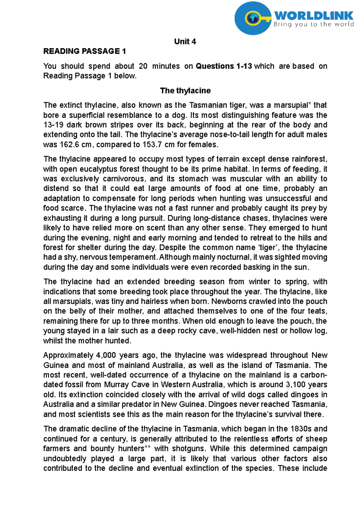 Advanced- Reading - Unit 4 - Unit 4 READING PASSAGE 1 You should spend ...