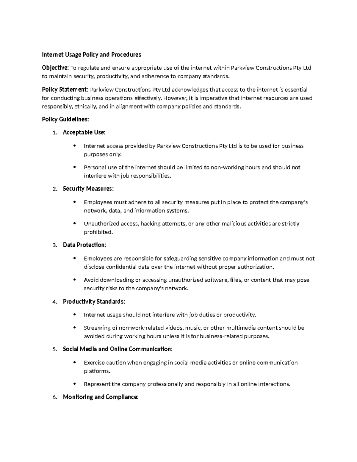 Internet Usage Policy and Procedures - Internet Usage Policy and Procedures Objective: To ...