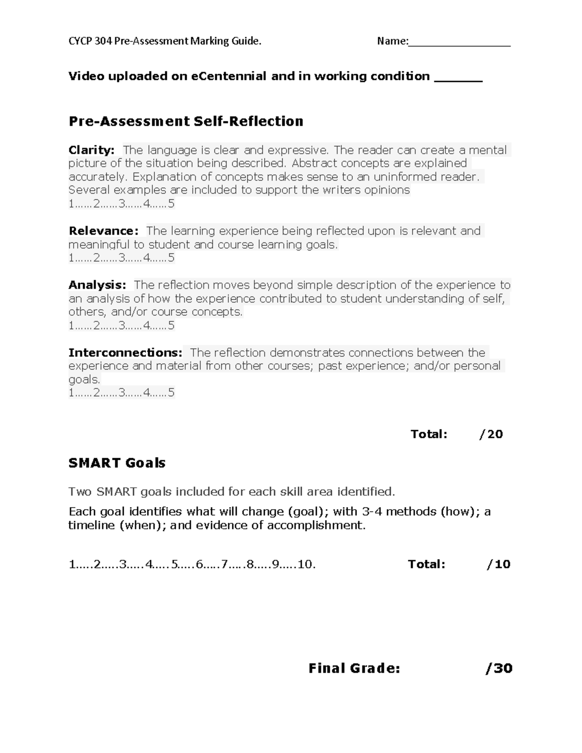 Pre-Assessment Marking Guide - Name:__________________ Video uploaded ...