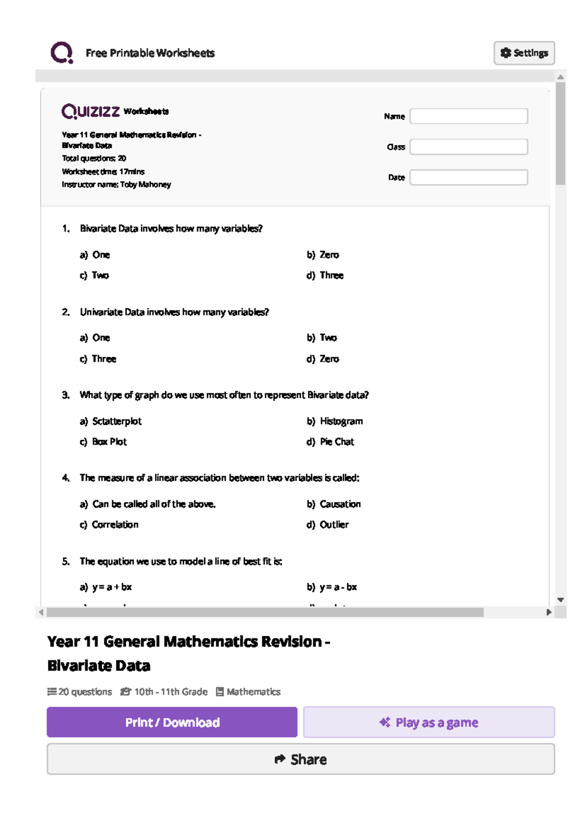 Quizizz-com-print-... - Free Printable Worksheets ⚙ Settings Year 11 ...