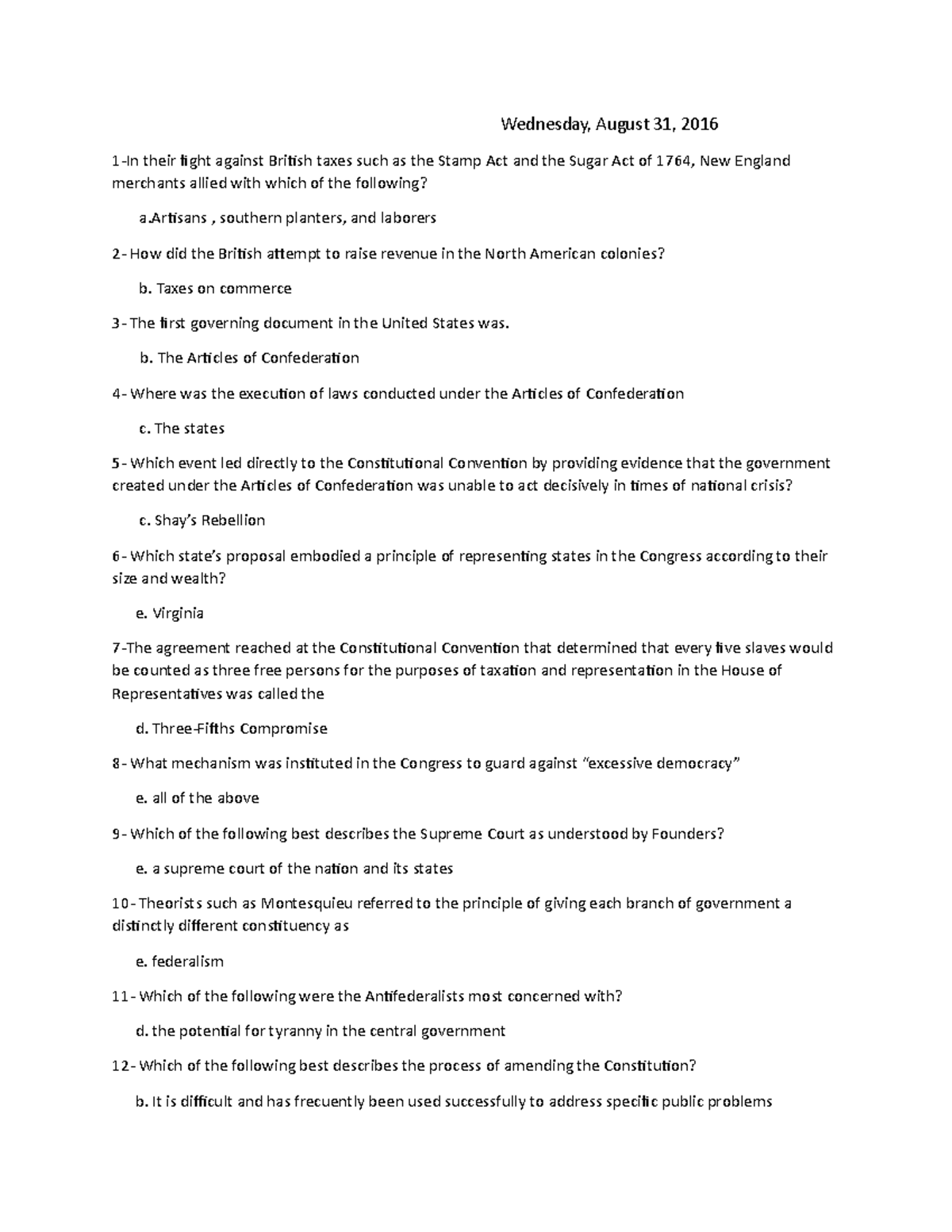 American Gov - Questions and answers - Wednesday, August 31, 2016 1-In ...